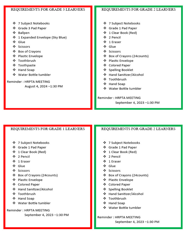 Grade 1-3 Learner Supply List | PDF