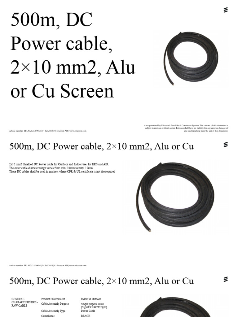 500m DC Power Cable 2x10 mm² Specs | PDF | Electrical Equipment ...