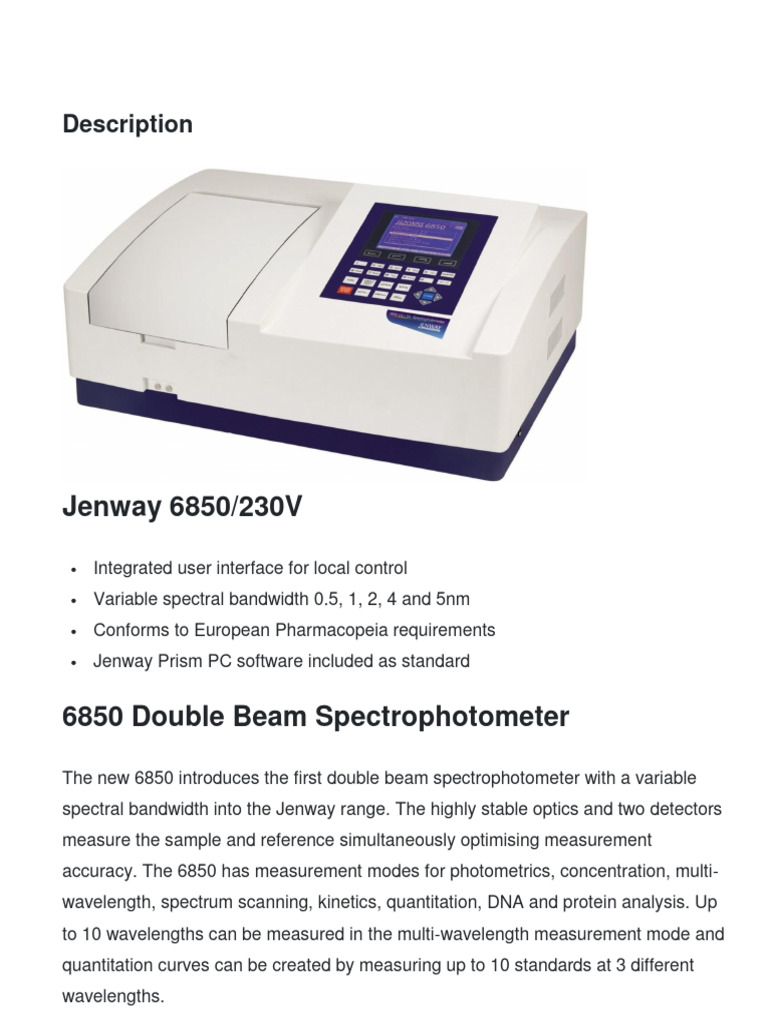 Jenway 6850 Double Beam Spectrophotometer | PDF | Spectrophotometry ...