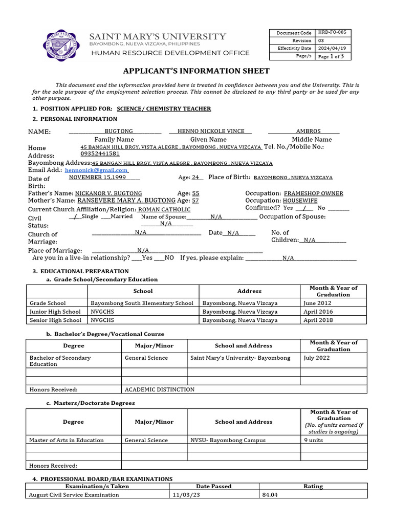HRD-FO-005 - Applicants Information Sheet - Rev3. As of 4.19.24.for ...