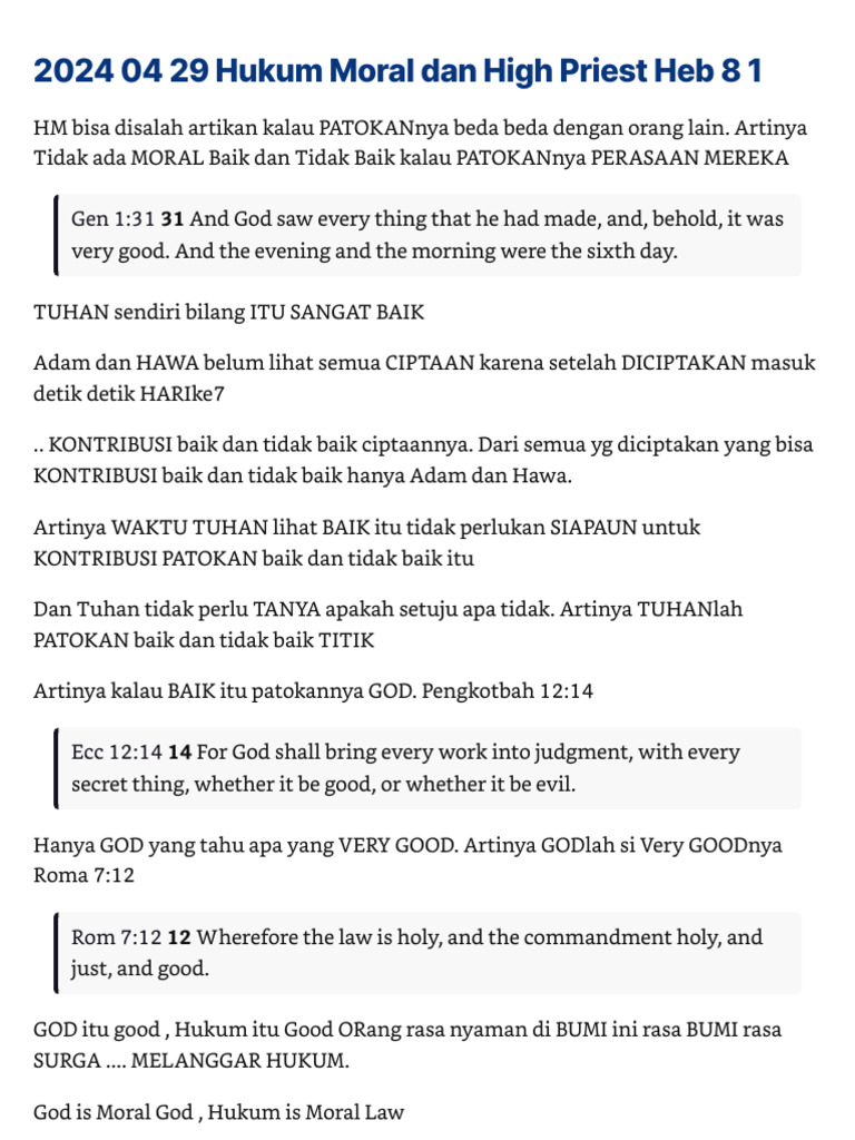 2024 04 29 Hukum Moral Dan High Priest Heb 8 1 | PDF | Seni & Disiplin Bahasa | Pengembangan Diri