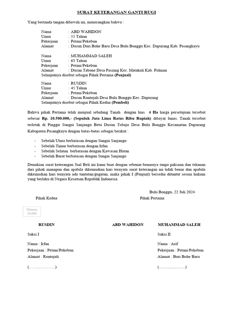 Surat Keterangan Ganti Rugi - RUSDIN | PDF