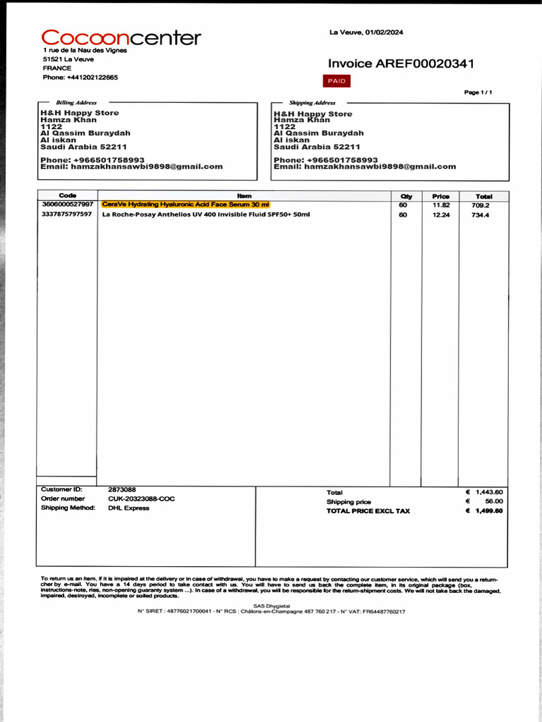 Cocoon Center Invoice LAROCHE H&H HAPPY STORE | PDF