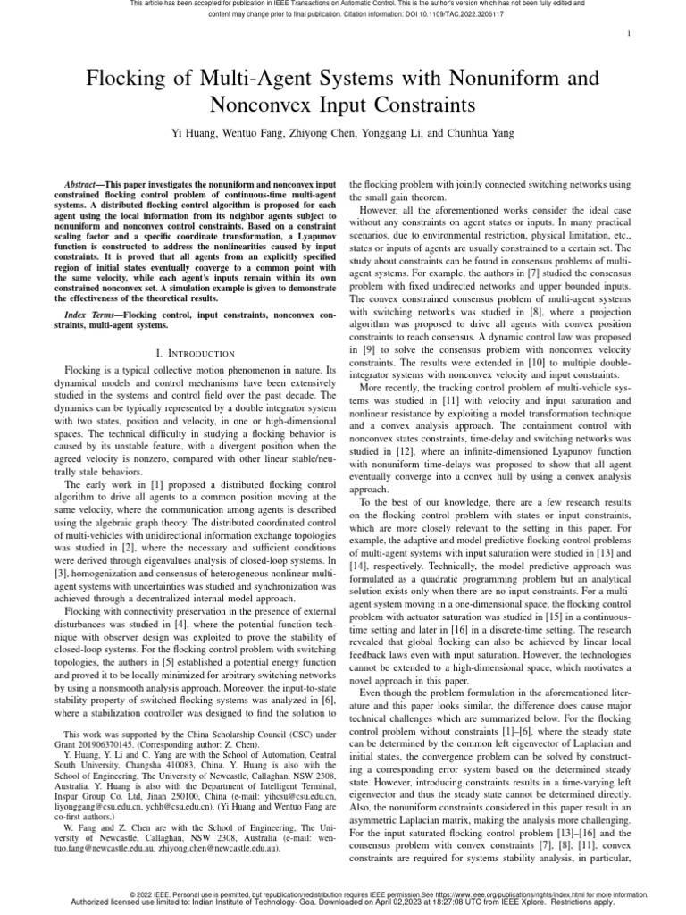 Flocking of Multi-Agent Systems With Nonuniform and Nonconvex Input Constraints | PDF | Control ...