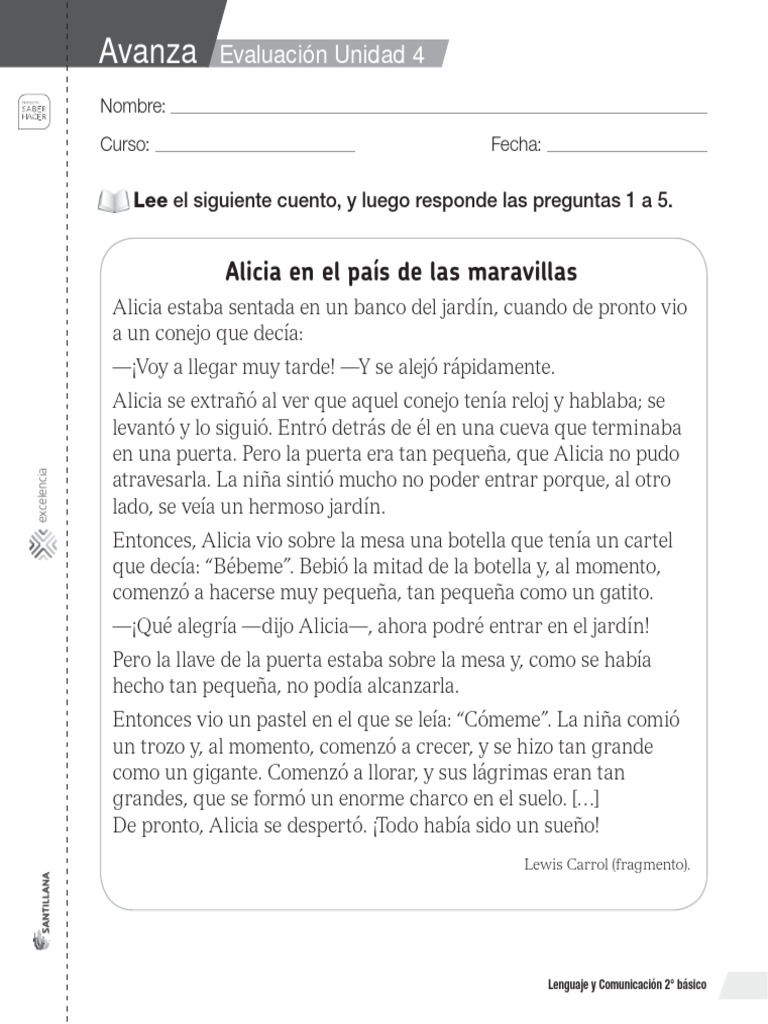 Prueba Avanza Unidad 4 | PDF | Té | Las aventuras de Alicia en el País ...