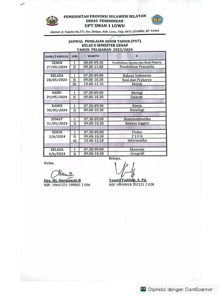 JADWAL X, XI PAT Genap 2023-2024 | PDF
