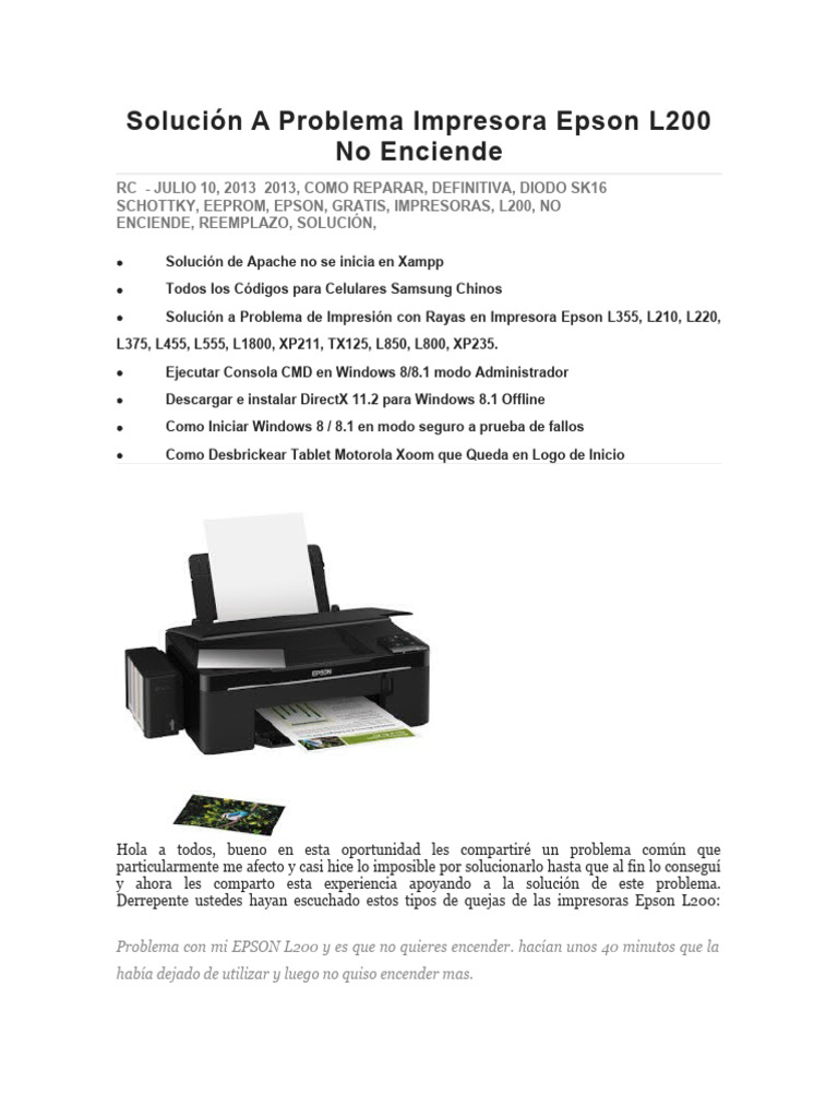 Solución A Problema Impresora Epson L200 No Enciende | PDF | Impresora ...