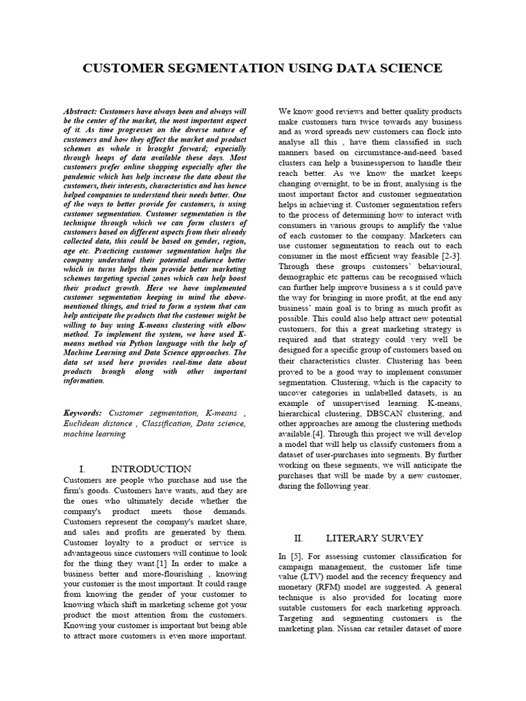 Customer Segmentation Using Data Science Pdf Market Segmentation Cluster Analysis