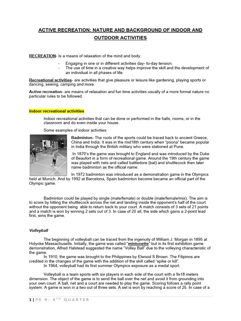 ACTIVE RECREATION | PDF | Volleyball | Physical Exercise