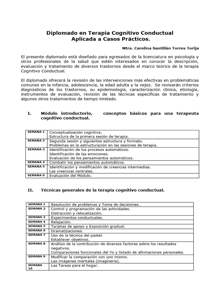Programa Diplomado Cognitivo Conductual 2013 Con 45 Semanas | PDF | Psicoterapia | Terapia de ...