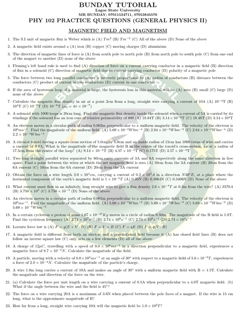 Bunday Tutorial Phy102 Magneticfield Practice Qsts | PDF | Magnetic Field | Magnetism