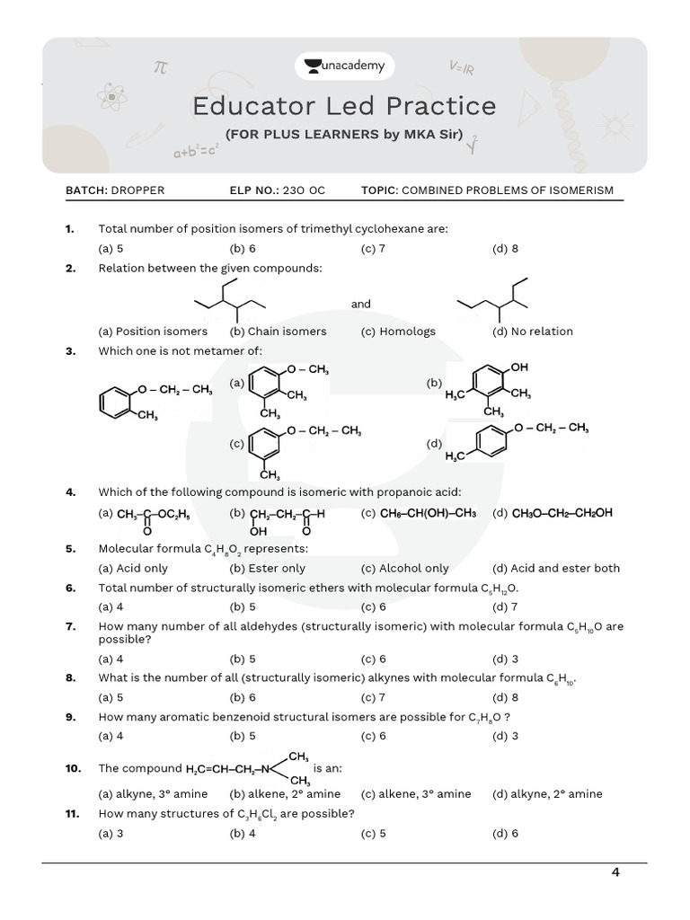 UA+ CHEM 23O COMB PROB On ISOMERISM - MKA | PDF | Isomer | Organic ...