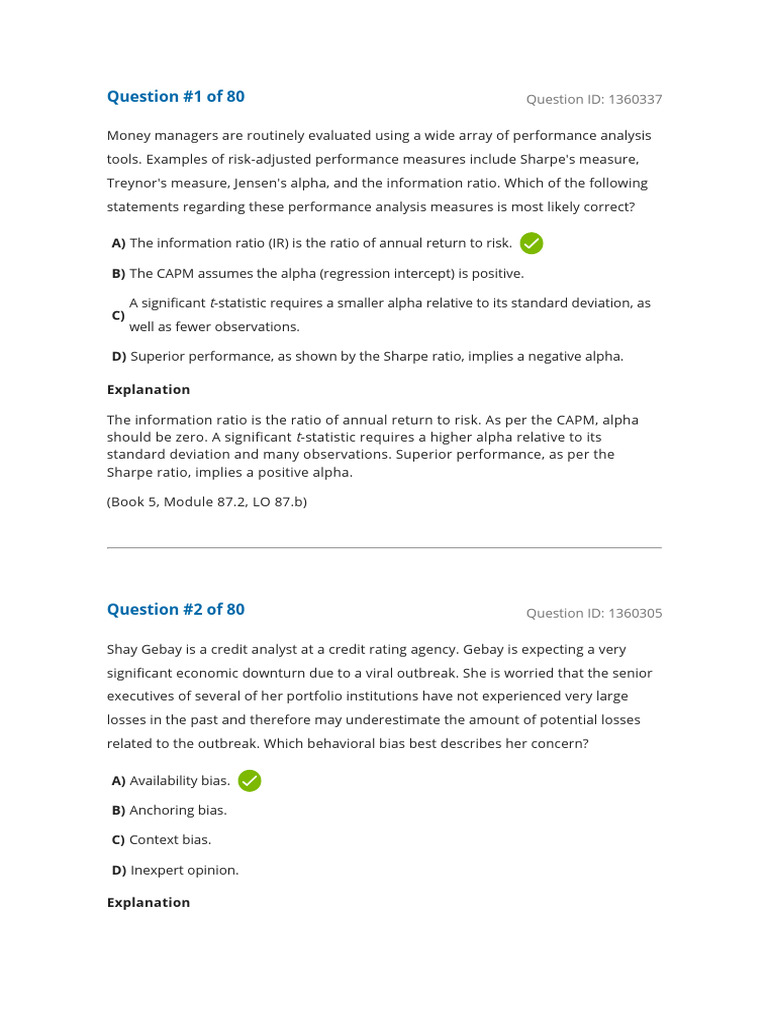 FRM-Mock Exam 1 - Answers | PDF | Financial Risk | Beta (Finance)