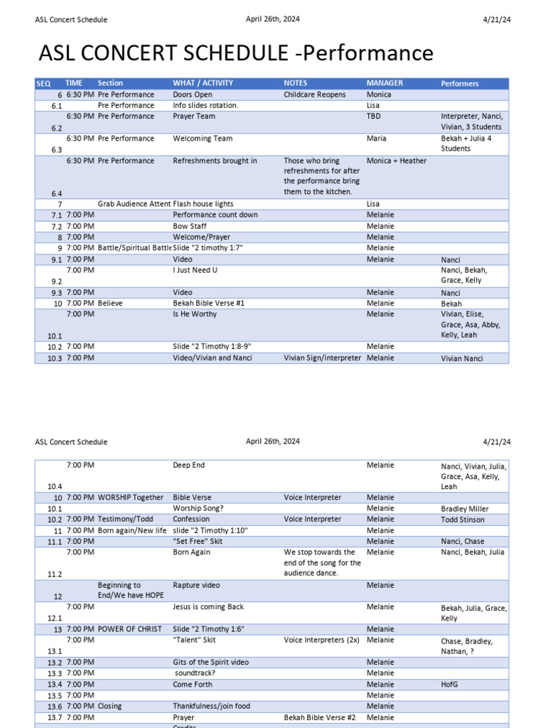 ASL Concert Schedule - Performance | PDF | Religious Belief And ...