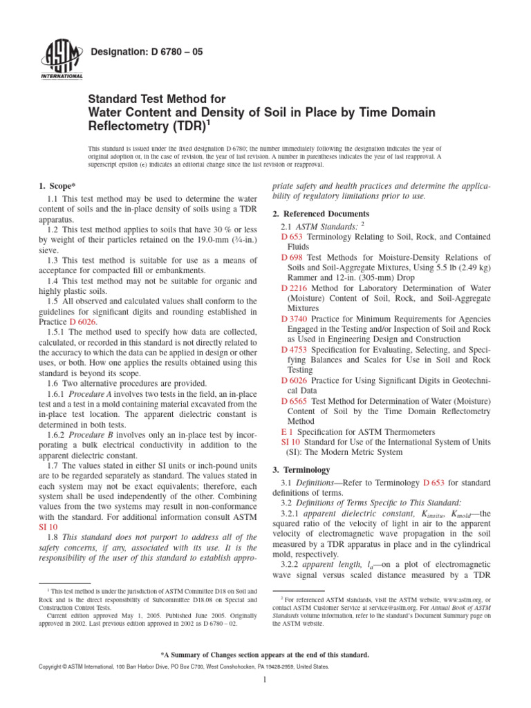 D6780-05 Standard Test Method For Water Content and Density of Soil in ...