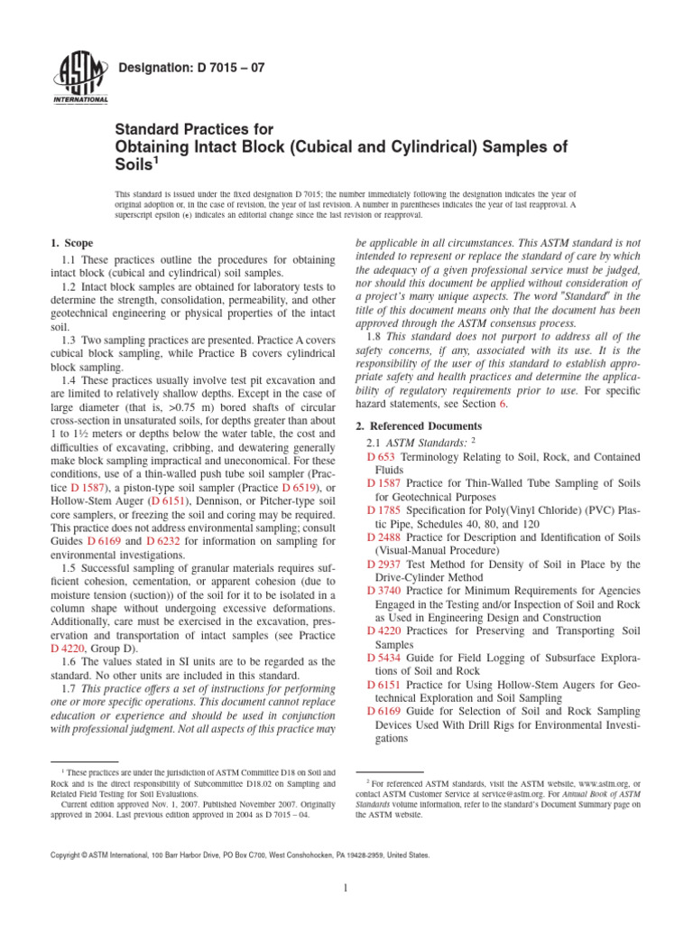 D7015-07 Standard Practices For Obtaining Intact Block (Cubical and ...