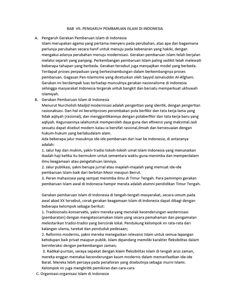 BAB VII. Pengaruh Gerakan Pembaruan Islam Di Indonesia | PDF | Agama & Spiritualitas