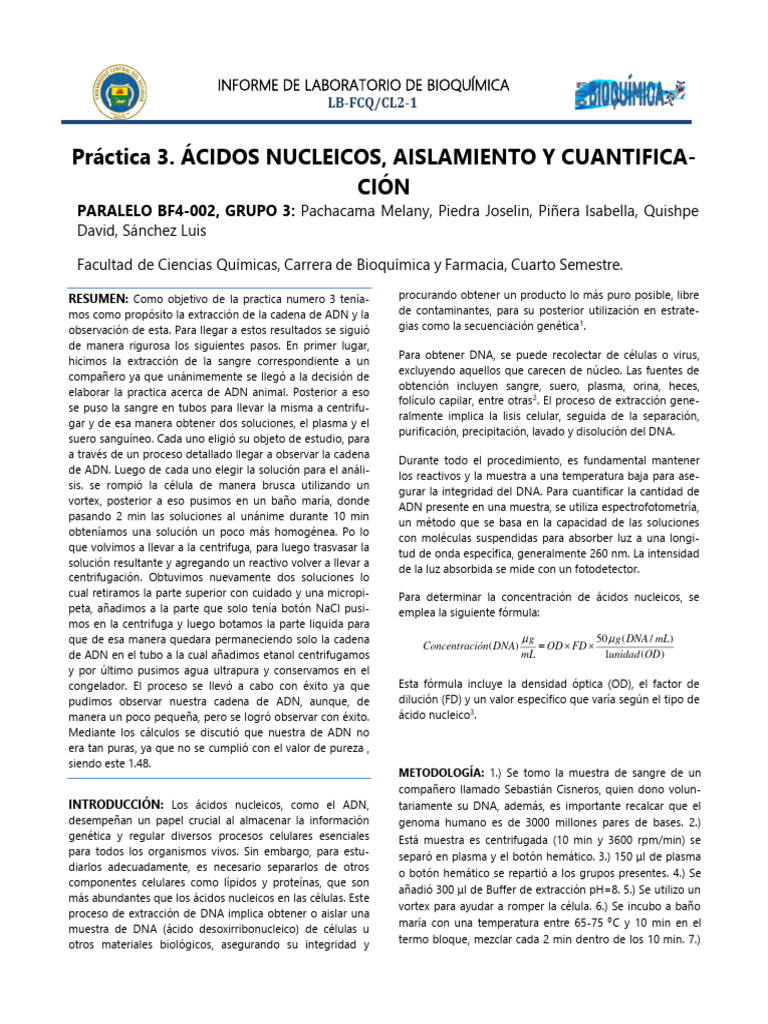 Informe 3 Bioqui | PDF | Adn | Biología Celular)