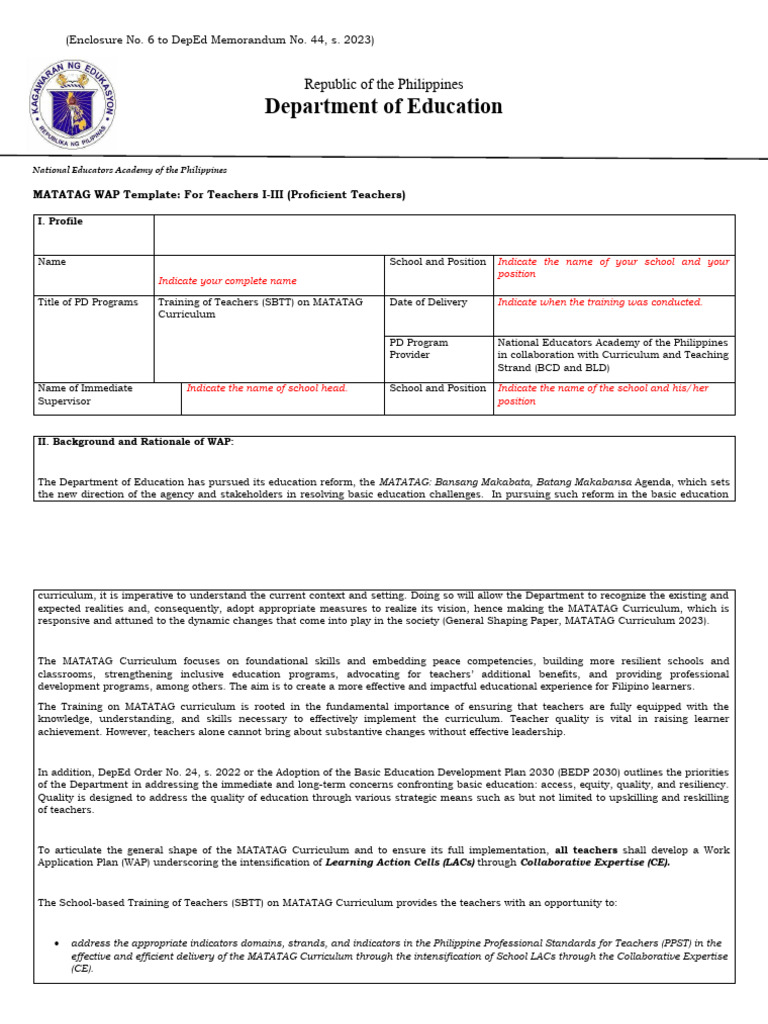 Sample MATATAG WAP For Teachers | PDF | Educational Assessment | Learning