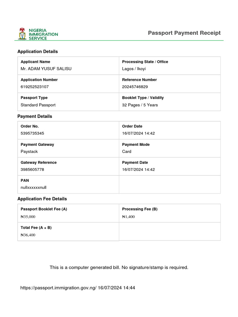 Passport Payment Receipt for Adam Salisu | PDF