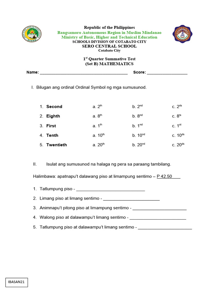 Math Summative 1ST Quarter Set B | PDF