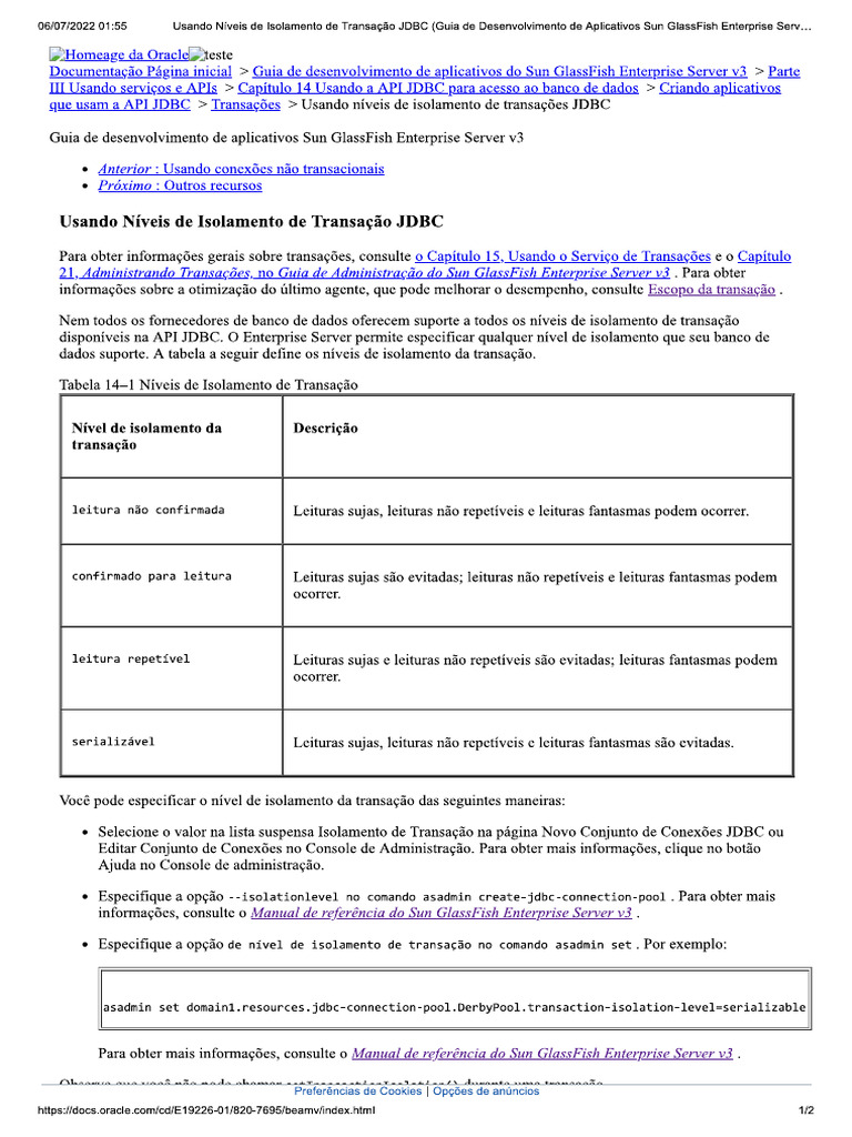 Usando Níveis de Isolamento de Transaçã... Os Sun GlassFish Enterprise ...