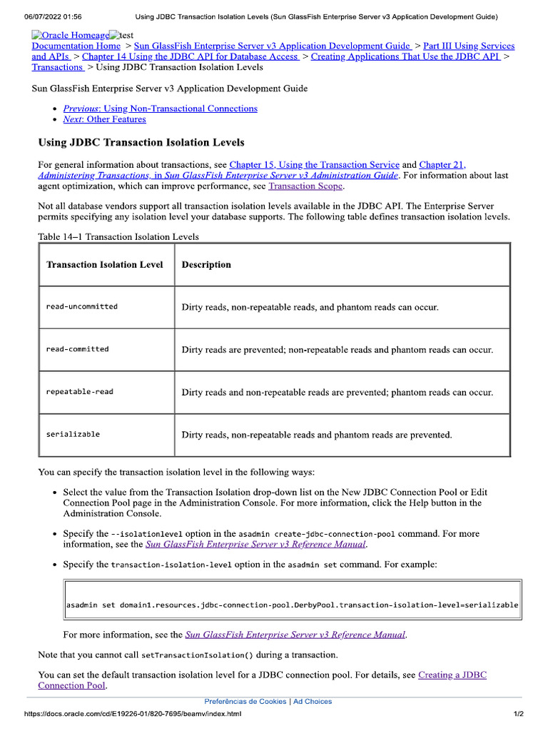 Using JDBC Transaction Isolation Levels... Rver v3 Application Development Guide) | PDF