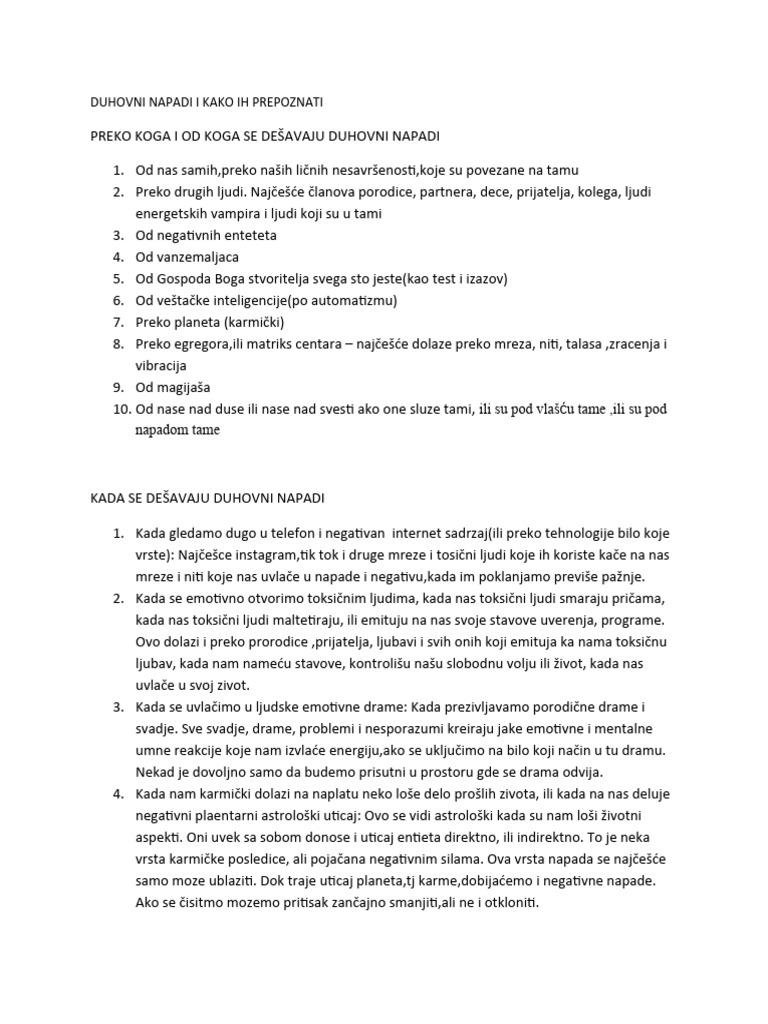 Duhovni Napadi I Kako Ih Preoznati | PDF