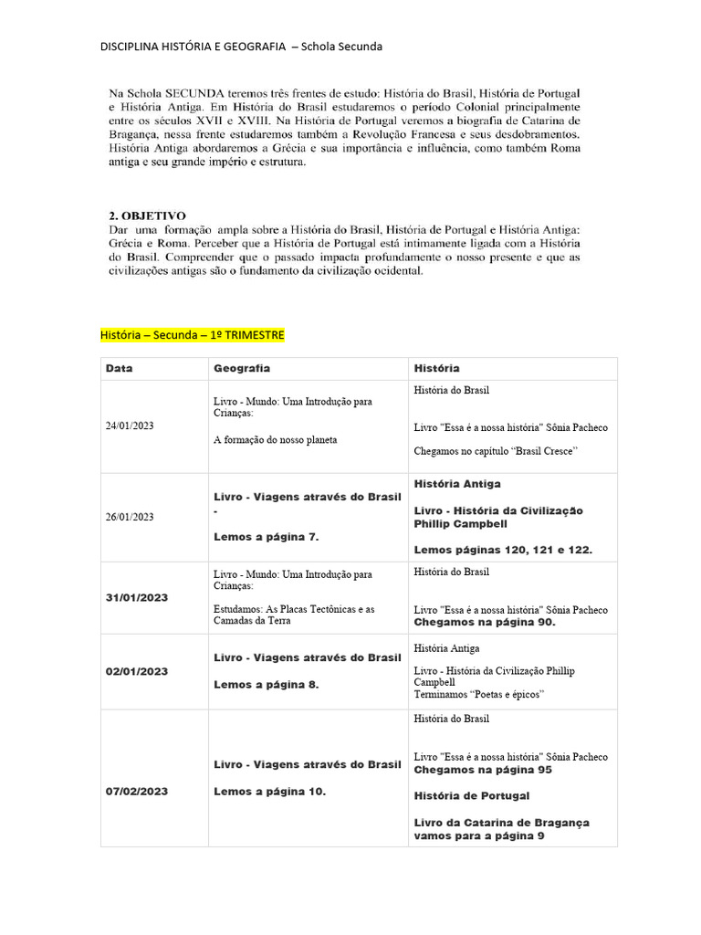 História - SECUNDA - DD Plano de Aulas | PDF | Educação em Artes Liberais