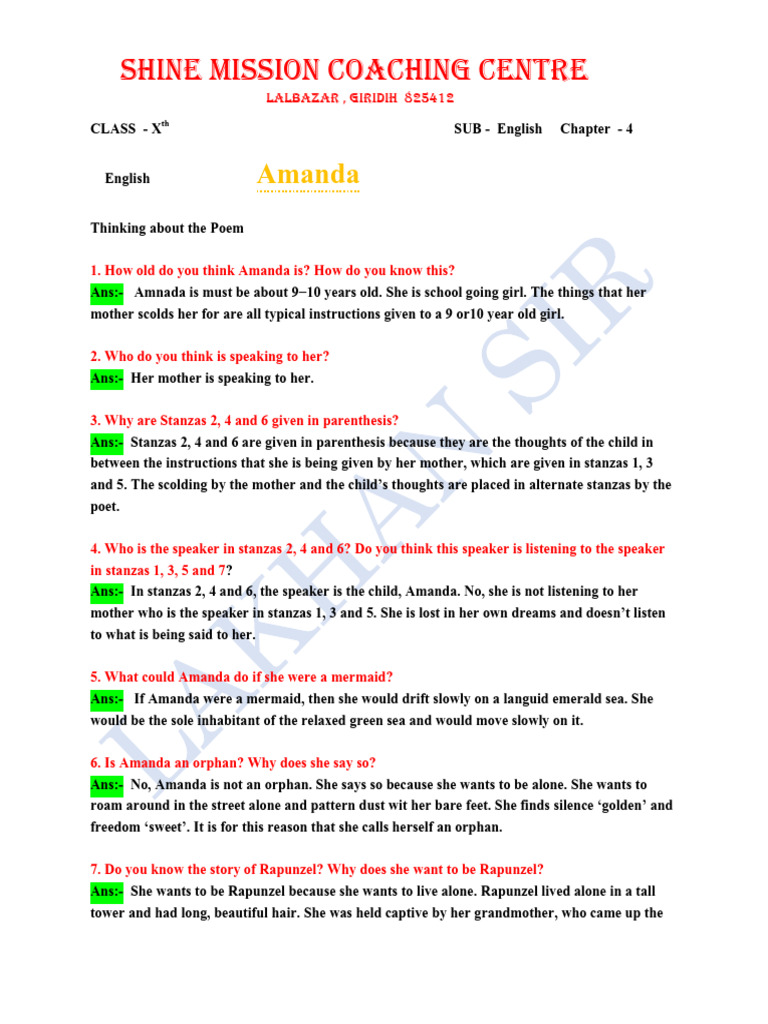 CLASS XTH English Poem Amanda | PDF