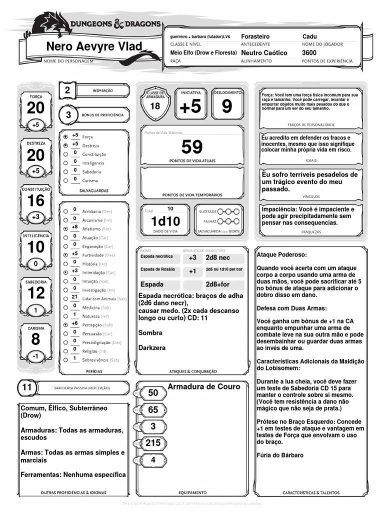 Ficha D&D 5E Editavel Nero | PDF | Nero | Espada