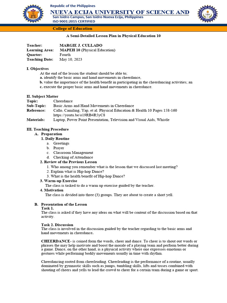 Physical Education Lesson Plan: Cheerdance | PDF | Cheerleading ...