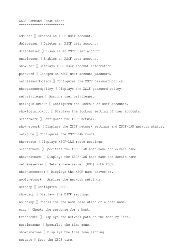 XSCF Command Cheat Sheet | PDF | Secure Shell | Booting