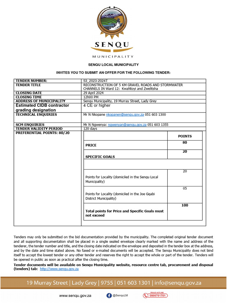 Bid Advert Tender 53 2023 2024t Reconstruction of 5 KM Gravel Roads and ...