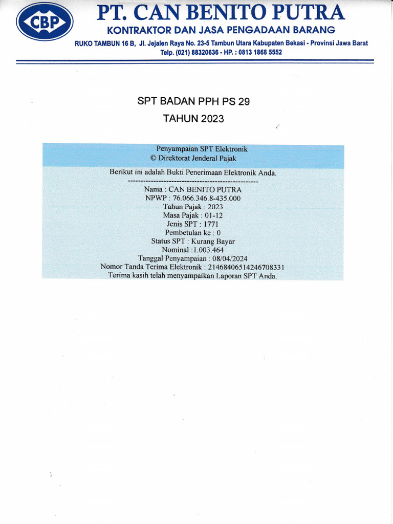 Laporan SPT Pajak PT Can Benito | PDF