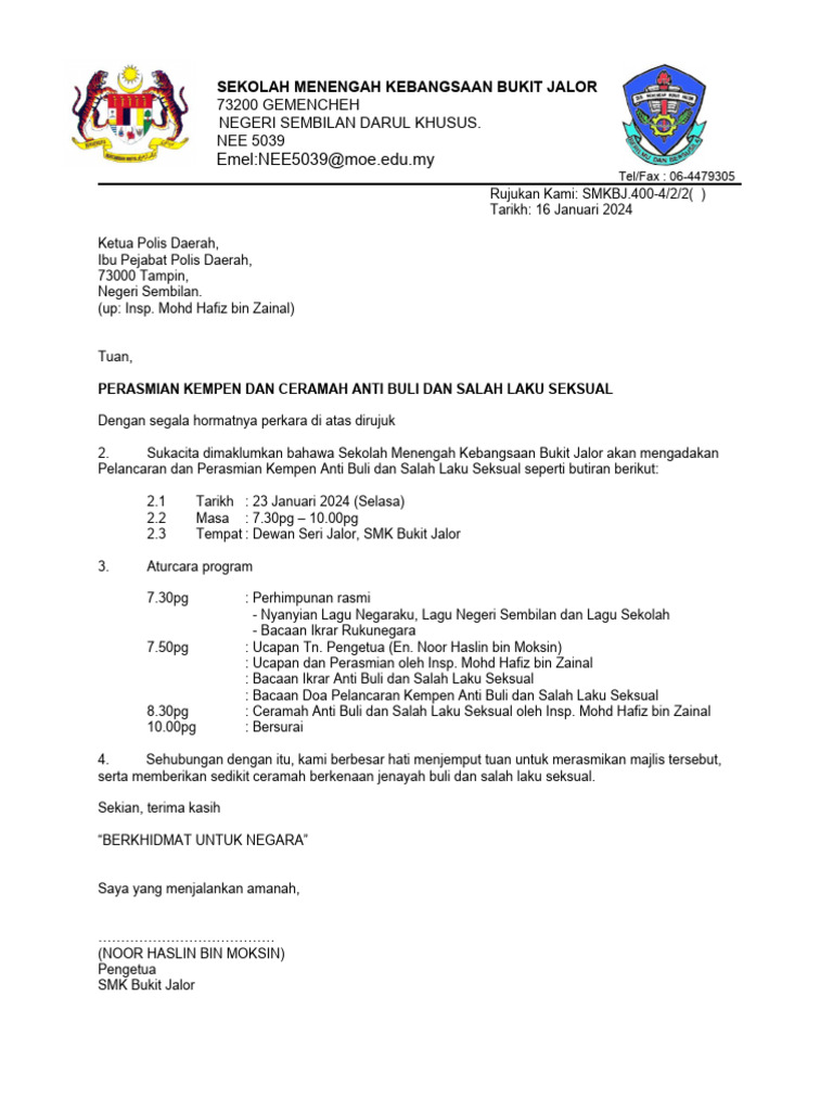 Surat Jemputan Polis Kempen Anti Buli Dan Salah Laku Seksual | PDF