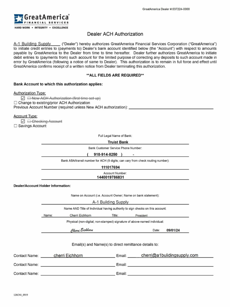 Cherri ACH Authorization Form Dealer | PDF