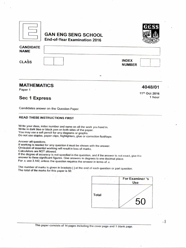 Math Sec1 Sa2 2016 Gan Eng Seng Sec | PDF