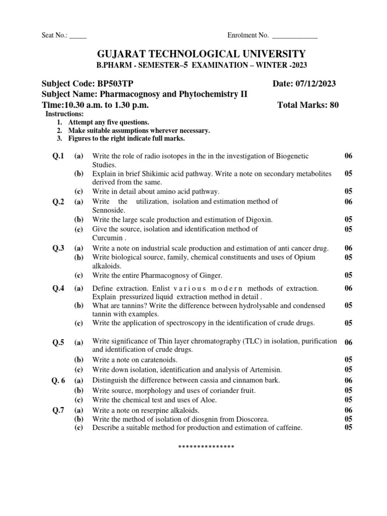 BP503TP Question Papers | PDF | Pharmacognosy | Alkaloid