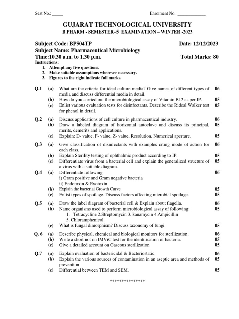 BP504TP Question Papers | PDF | Bacteria | Sterilization (Microbiology)