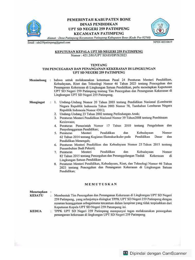 SK Tim Penanganan Dan Pencegahan Kekerasan TPPK-259 Patimpeng | PDF