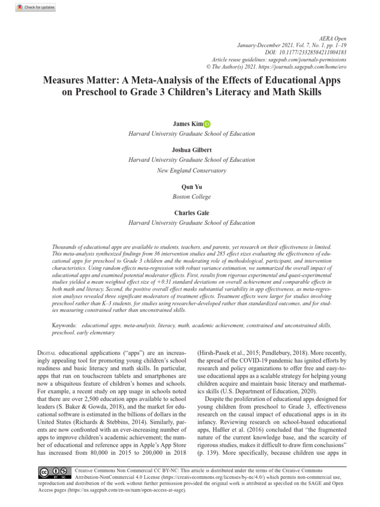 Kim Et Al 2021 Measures Matter a Meta Analysis of the Effects of Educational Apps on Preschool ...