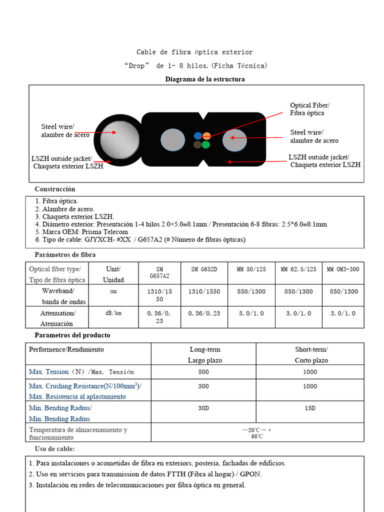 FTTH DROP CABLE - 1-8c DATASHEET - Prisma Telecom | PDF | Fibra óptica ...