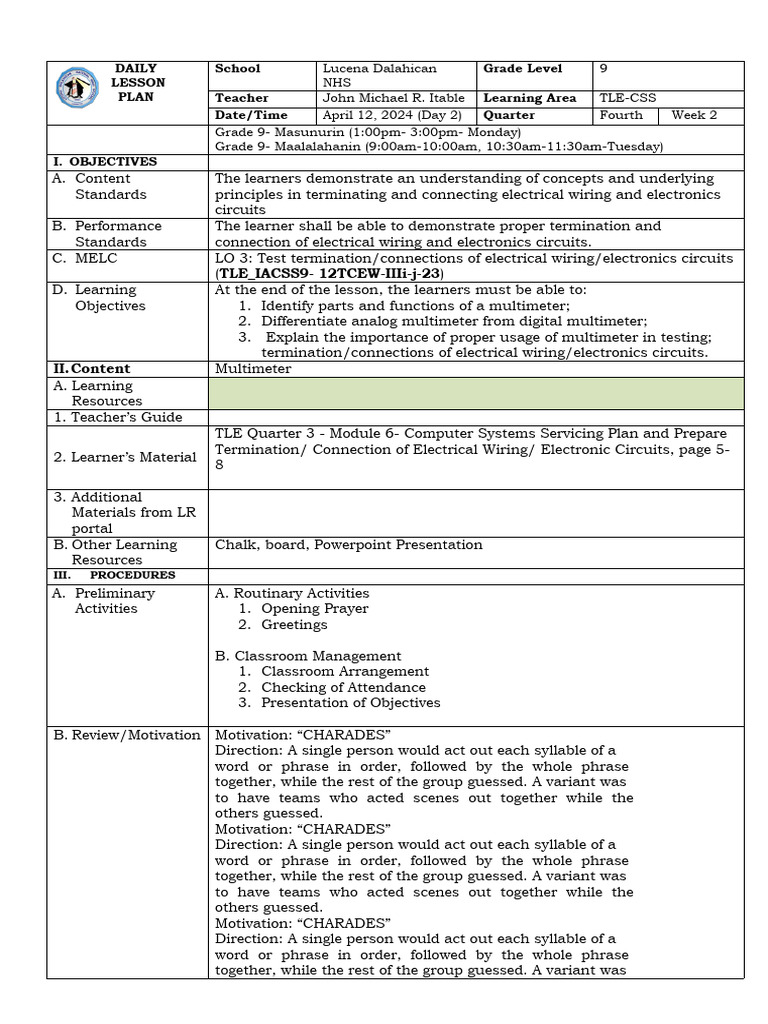 DLP-TLE-CSS9-April 12 DAY 2 WEEK 2 | PDF | Learning | Rubric (Academic)