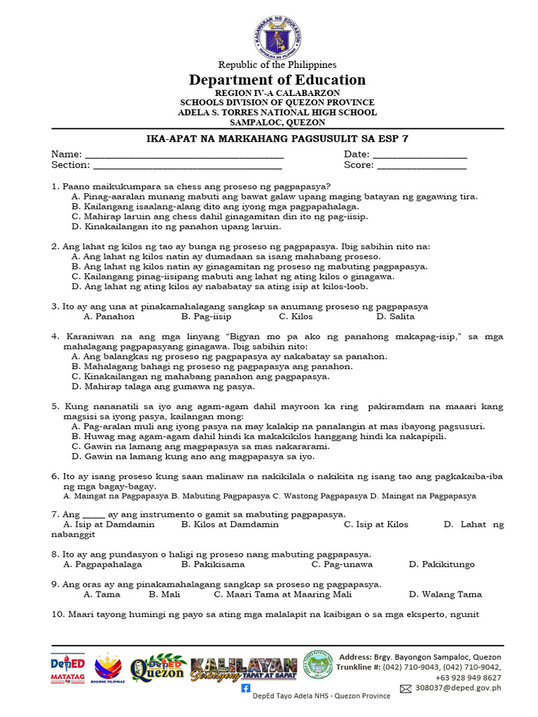 Examination in ESP 7 | PDF