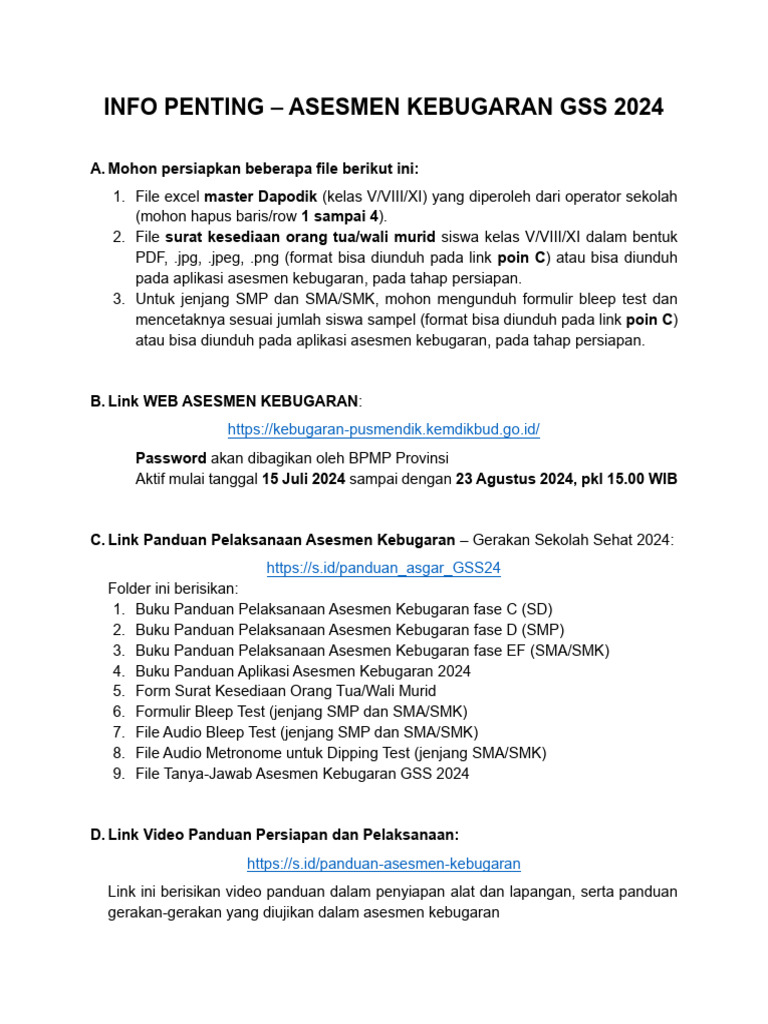 Info Penting - Asesmen Kebugaran - GSS 2024 | PDF