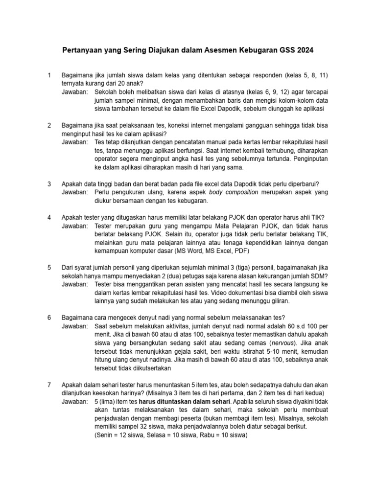 Tanya-Jawab Asesmen Kebugaran GSS 2024 (SD-SMP-SMA) | PDF | Karier & Perkembangan