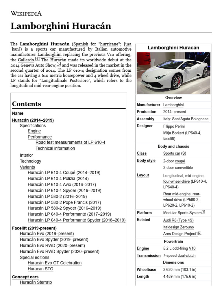 Lamborghini Huracán - Wikipedia | PDF | Vehicles | Automotive Industry