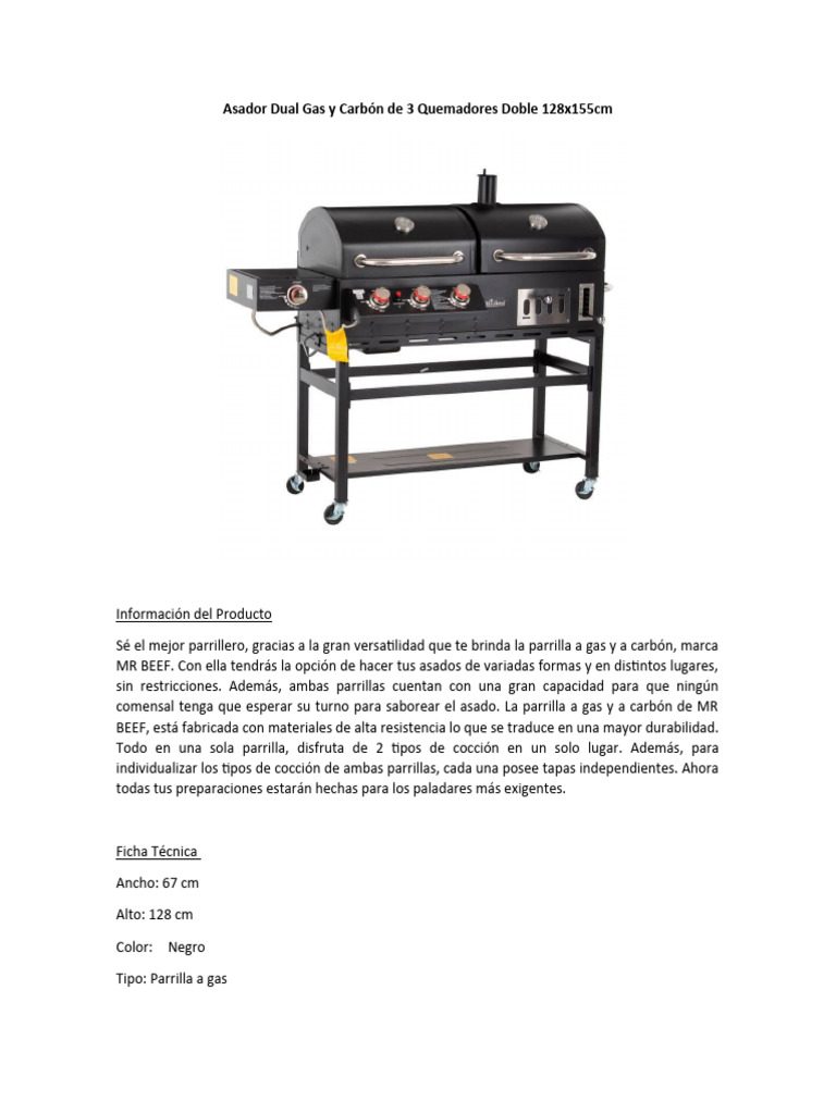 Asador Dual Gas y Carbón de 3 Quemadores Doble 128x155cm | PDF