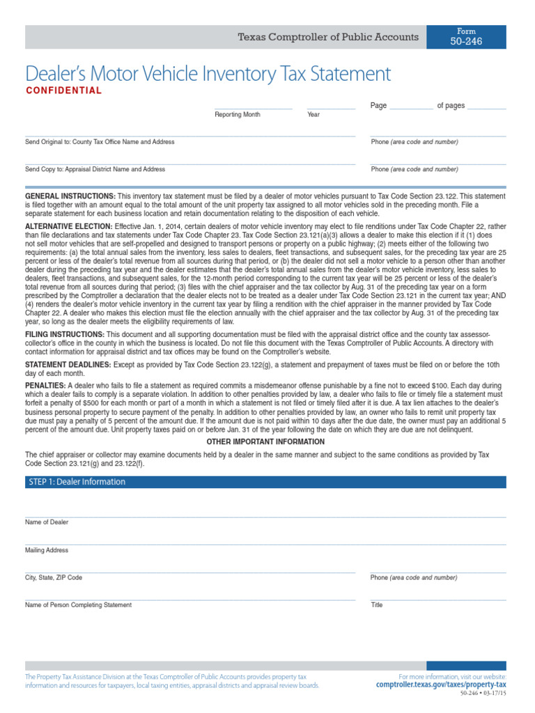Dealer's Motor Vehicle Inventory Tax Statement: Texas Comptroller of ...